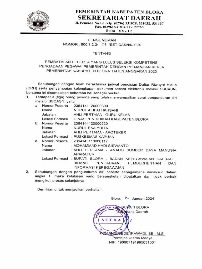 Pengumuman Pembatalan Kelulusan PPPK JF Nakes Dan Teknis 2023 | PDF