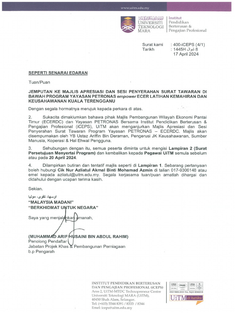 Jemputan Dan Surat Setuju Terima Ke Majlis Apresiasi Dan Penyerahan ...