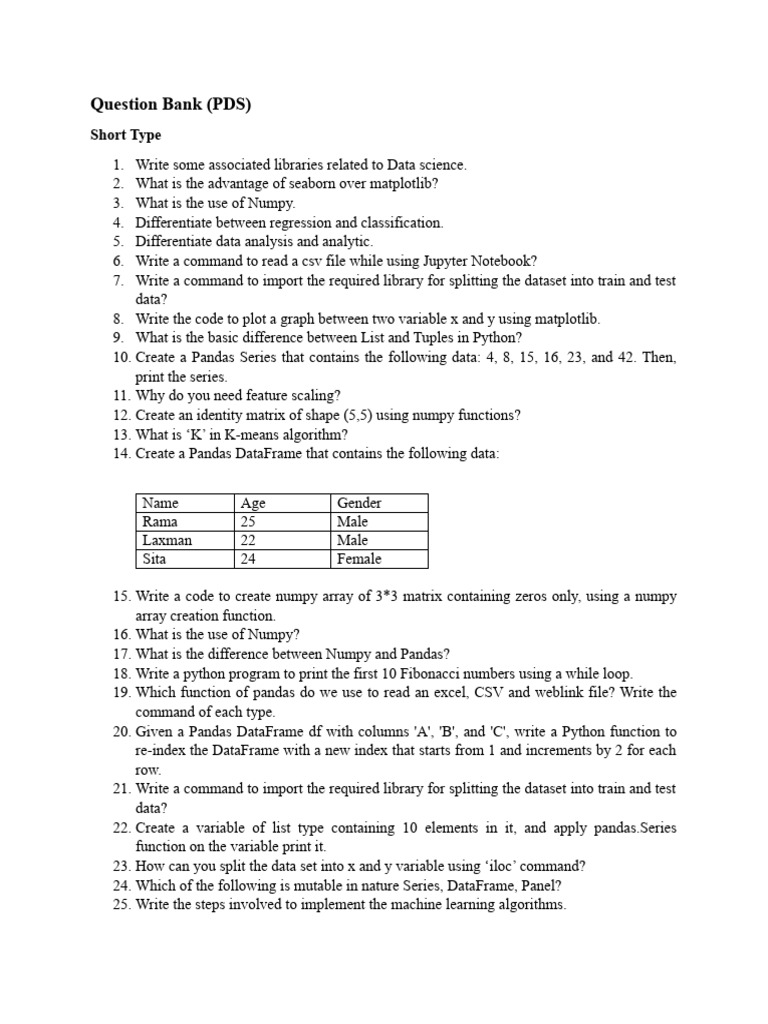 Question Bank python for data science | PDF | Machine Learning | Python ... Question Bank python for data science | PDF | Machine Learning | Python ...