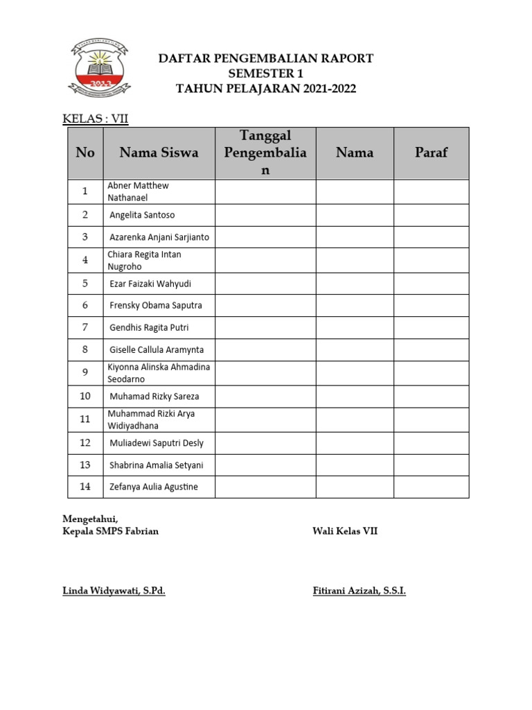 Daftar Pengembalian Raport SMP | PDF