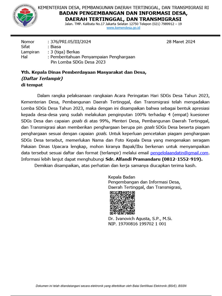 376 - Surat Pemberitahuan Penyampaian Penghargaan Pin Lomba SDGs Desa ...