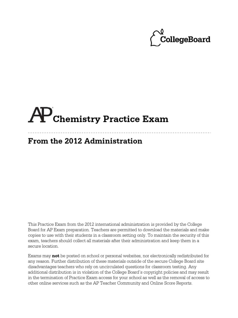 2012 AP Chemistry Practice Exam MCQ Multiple Choice Questions With Answers Advanced Placement ...