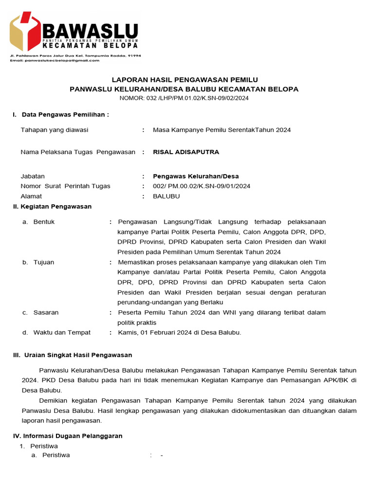 Form A LHP 01 Februari 2023 Tahapan Masa Kampanye Balubu | PDF