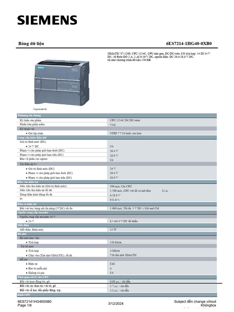 SIMATIC S7 1200 CPU1214 DC DC DC RLY - 6ES72141HG400XB0 - Datasheet - en | PDF