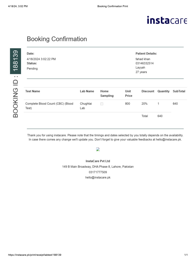 Booking Confirmation Print | PDF