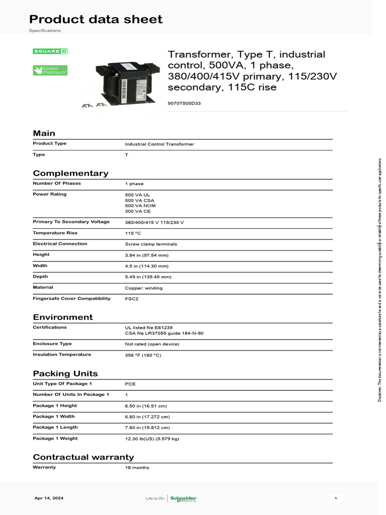 Schneider Electric - Industrial-Control-Transformers - 9070T500D33 ...