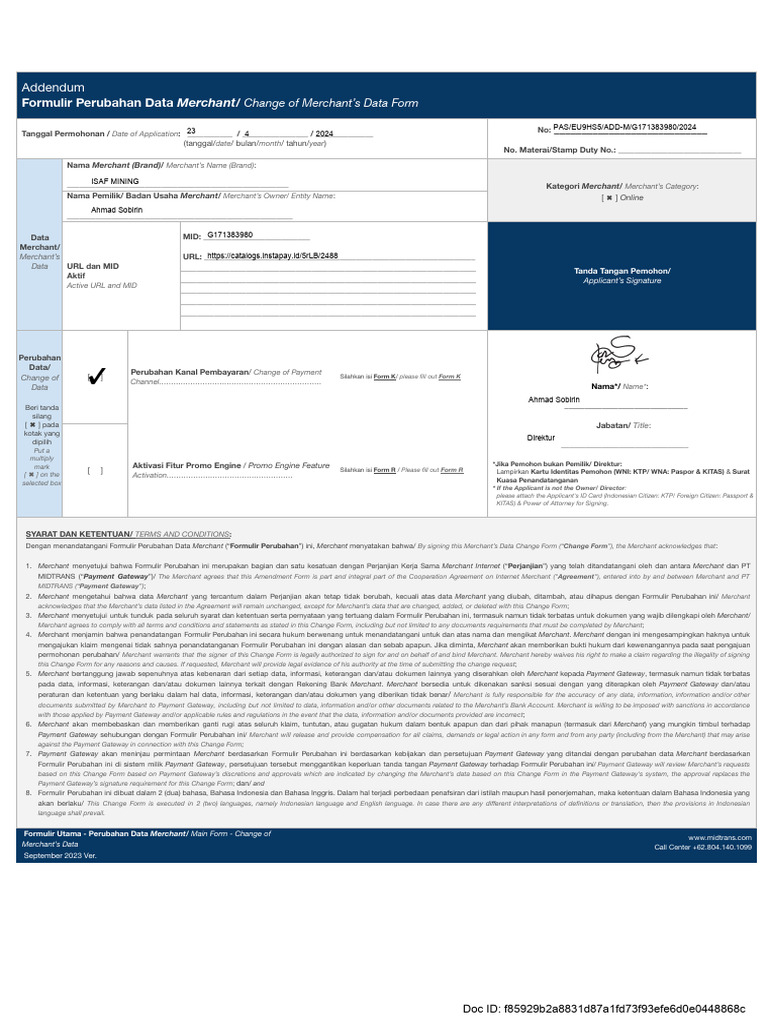 September 2023 Payment Activation Addendum Form | PDF