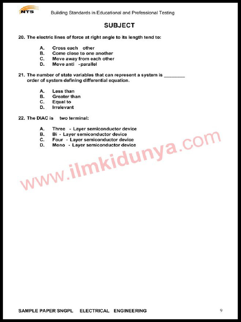 NTS Sample Past Papers Electrical Engineering Department Subject | PDF
