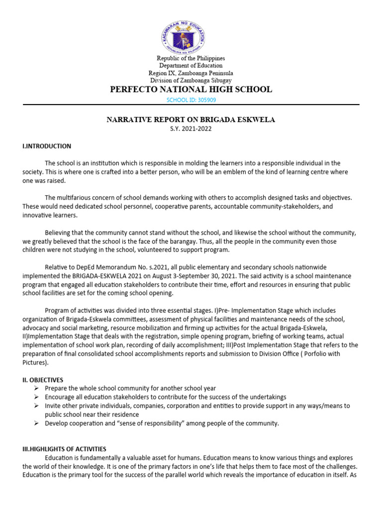 NARRATIVE REPORT ON BRIGADA ESKWELA (PNHS) | PDF | Knowledge
