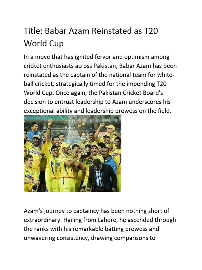 Babar Azam Reinstated As Pakistan's White-Ball Captain Ahead of T20 World Cup | PDF