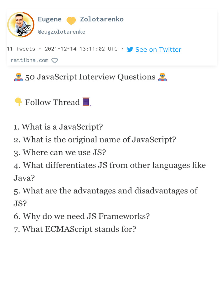 50 - Javascript - Interview - Thread - by - Eugzolotarenko - Dec 14, 21 - From - Rattibha ...
