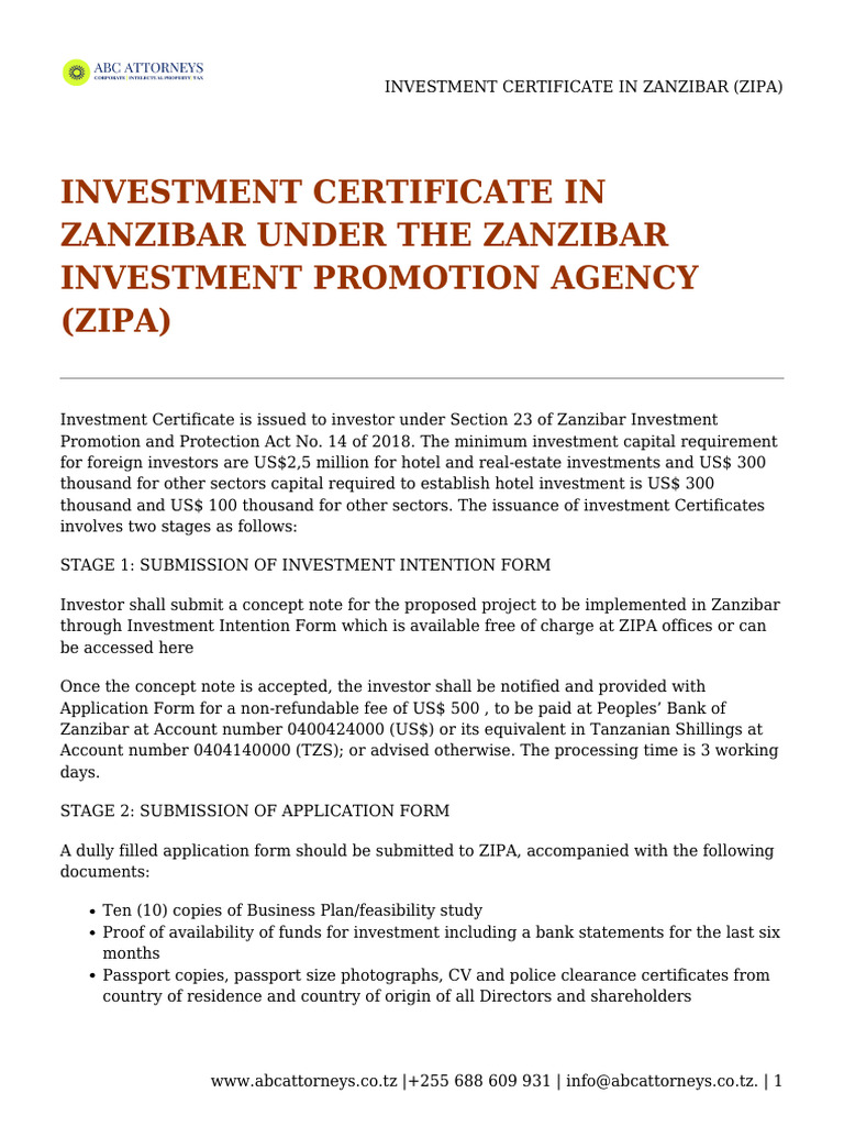 Investment Certificate in Zanzibar (Zipa) | PDF | Taxes | Tax Exemption