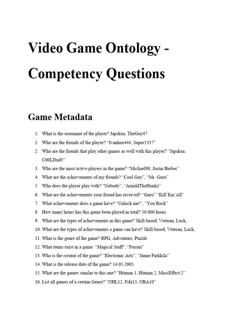 Video Game Ontology Competency Questions | PDF | Video Game Gameplay ...