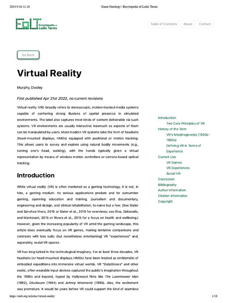 VR Game Ontology - Encylopedia of Ludic Terms | PDF | Virtual Reality | Perception
