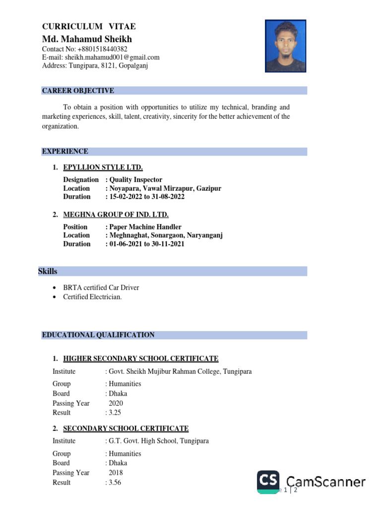 CV of MD Mahamud Sheikh | PDF