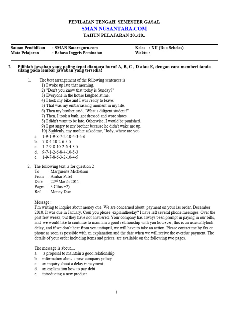 Soal PTS 1 Bhs Inggris Peminatan Kelas XII | PDF | Fertilizer | Plant Nutrition