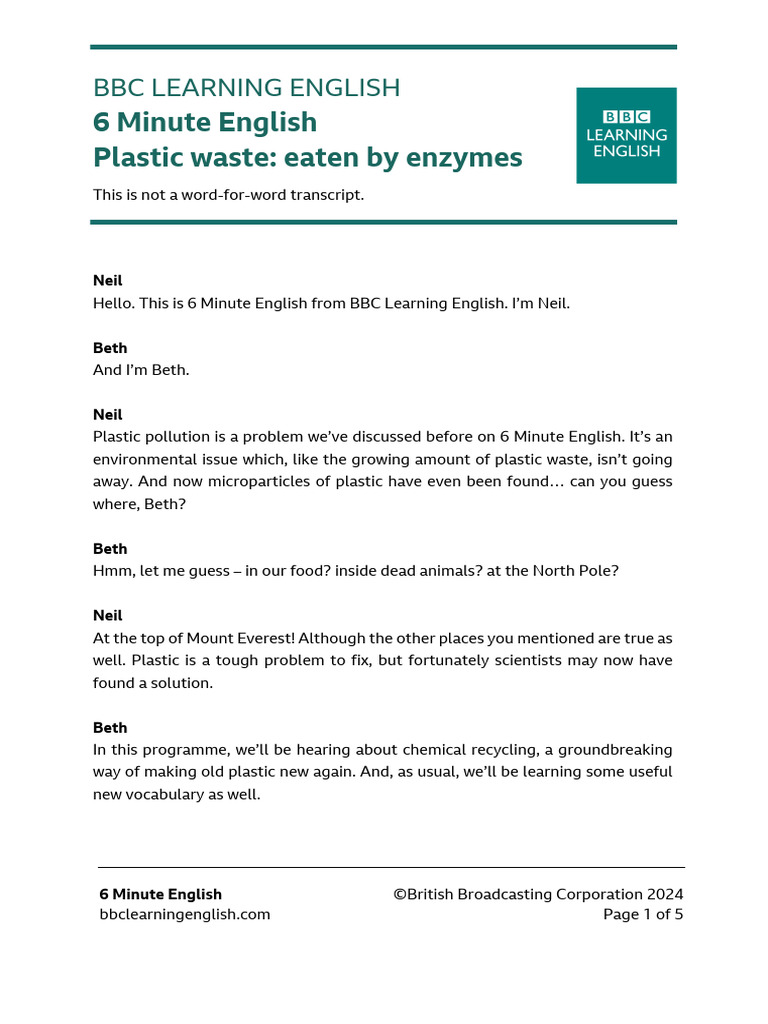 Enzymes Transforming Plastic Waste | PDF | Recycling | Plastic