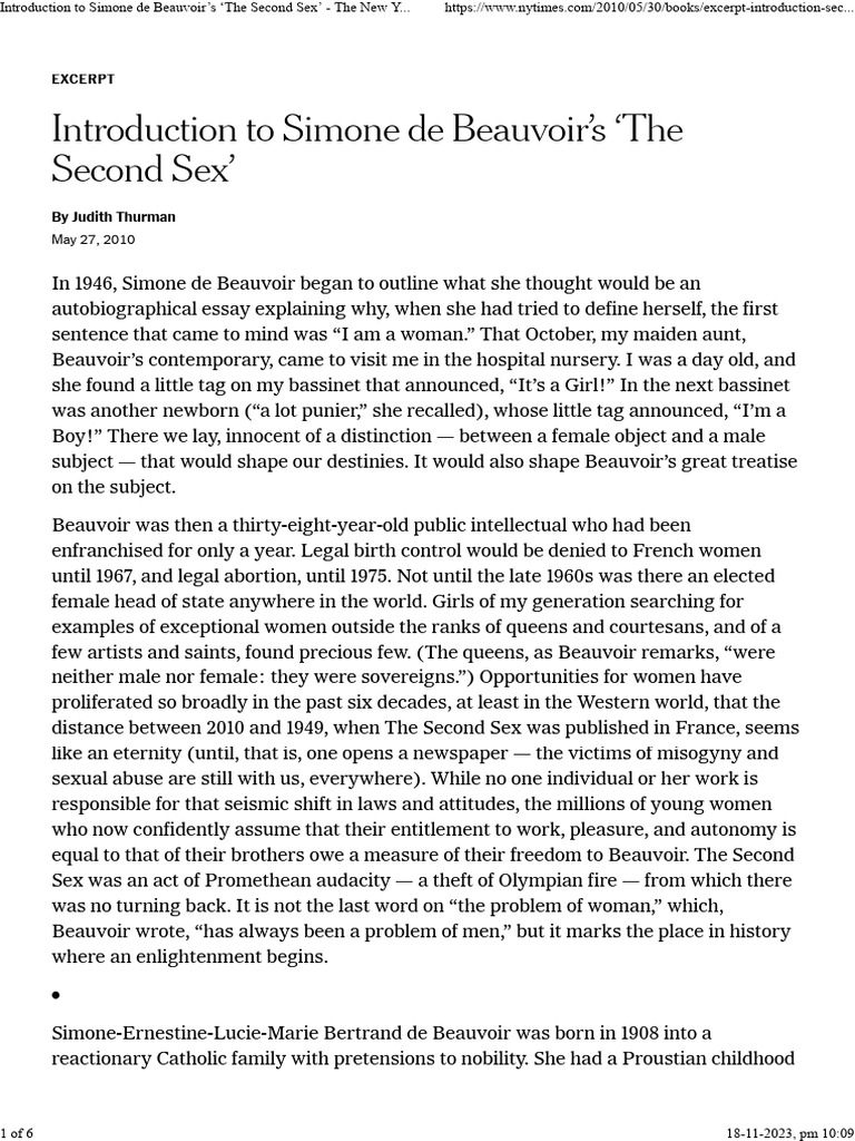 Introduction To Simone De Beauvoirs The Second Sex The New York Times Pdf Simone De