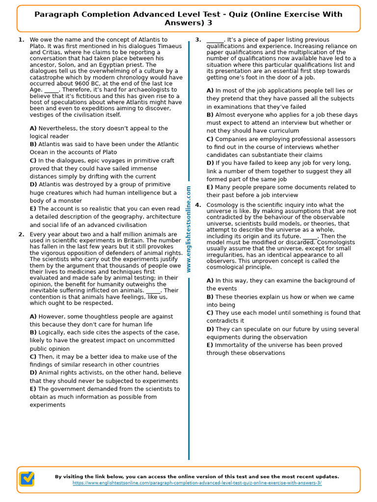 375 - Paragraph Completion Advanced Level Test Quiz Online Exercise ...