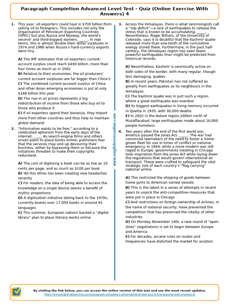 376 - Paragraph Completion Advanced Level Test Quiz Online Exercise ...