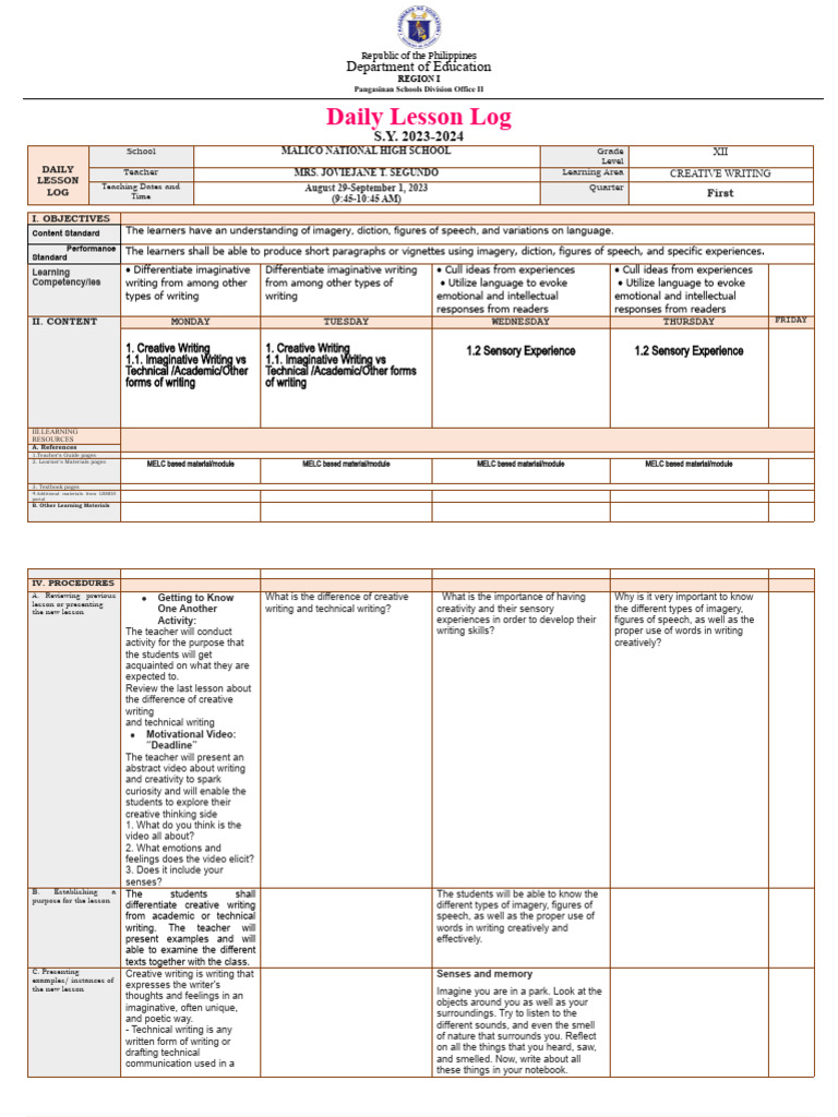 Week 1 Creative Writing Lesson Plan | PDF | Thought | Experience