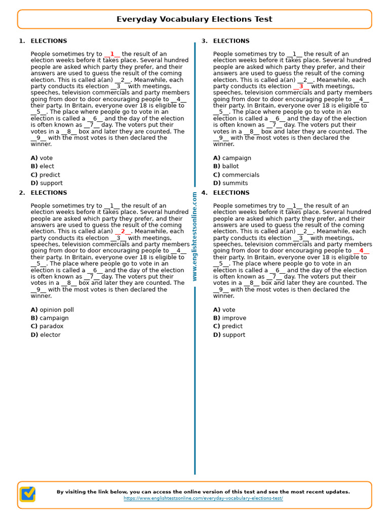 Everyday Vocabulary Elections Test | PDF | Voting | Elections