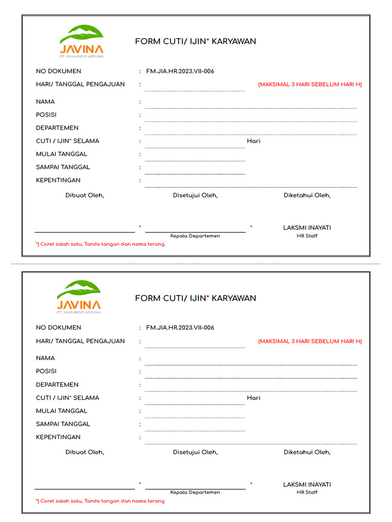 FM - Jia.hr.2023.vii-006 - Form Cuti - Ijin Karyawan | PDF