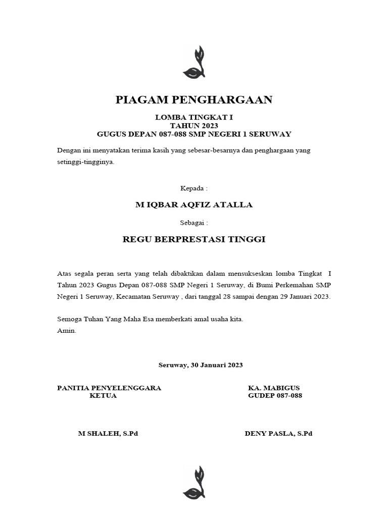 Piagam Penghargaan SMP 2023 | PDF