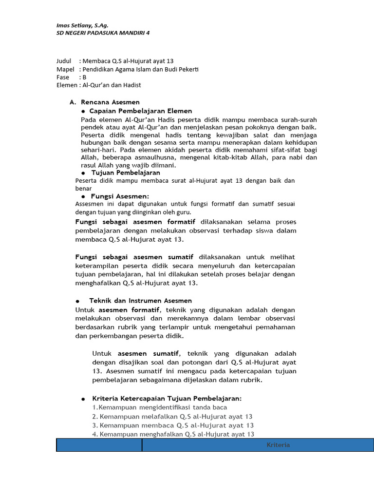 Asesmen Awal Pembelajaran_Fase B Ibu Imas | PDF