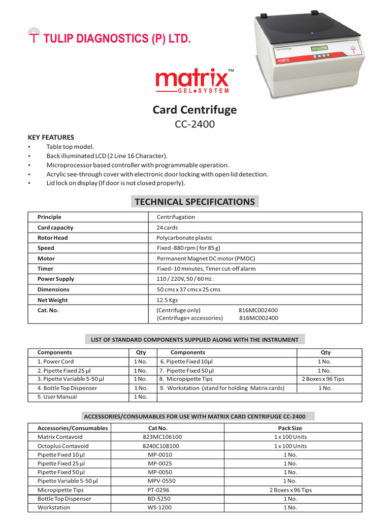 Matrix Card Centrifuge CC 2400 | PDF | Electricity | Manufactured Goods