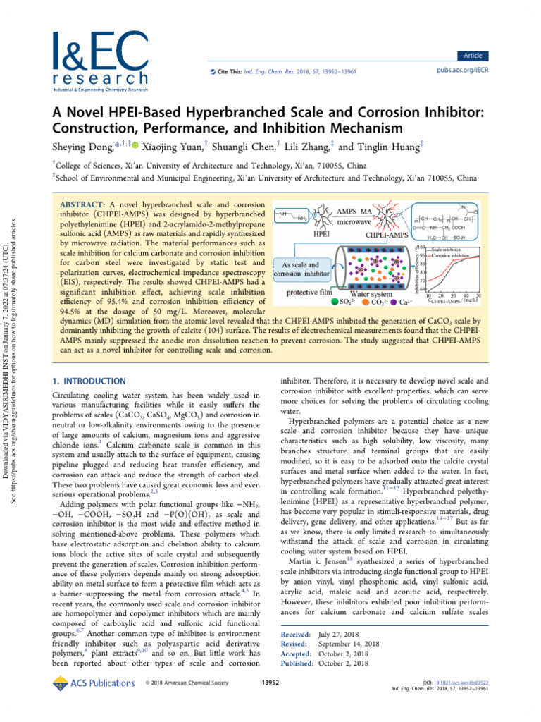 A Novel HPEI-Based Hyperbranched Scale and Corrosion Inhibitor Construction, Performance, and ...