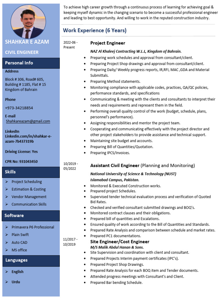 Shahkar Azam Civil Engineer Resume | Download Free PDF | Business ...