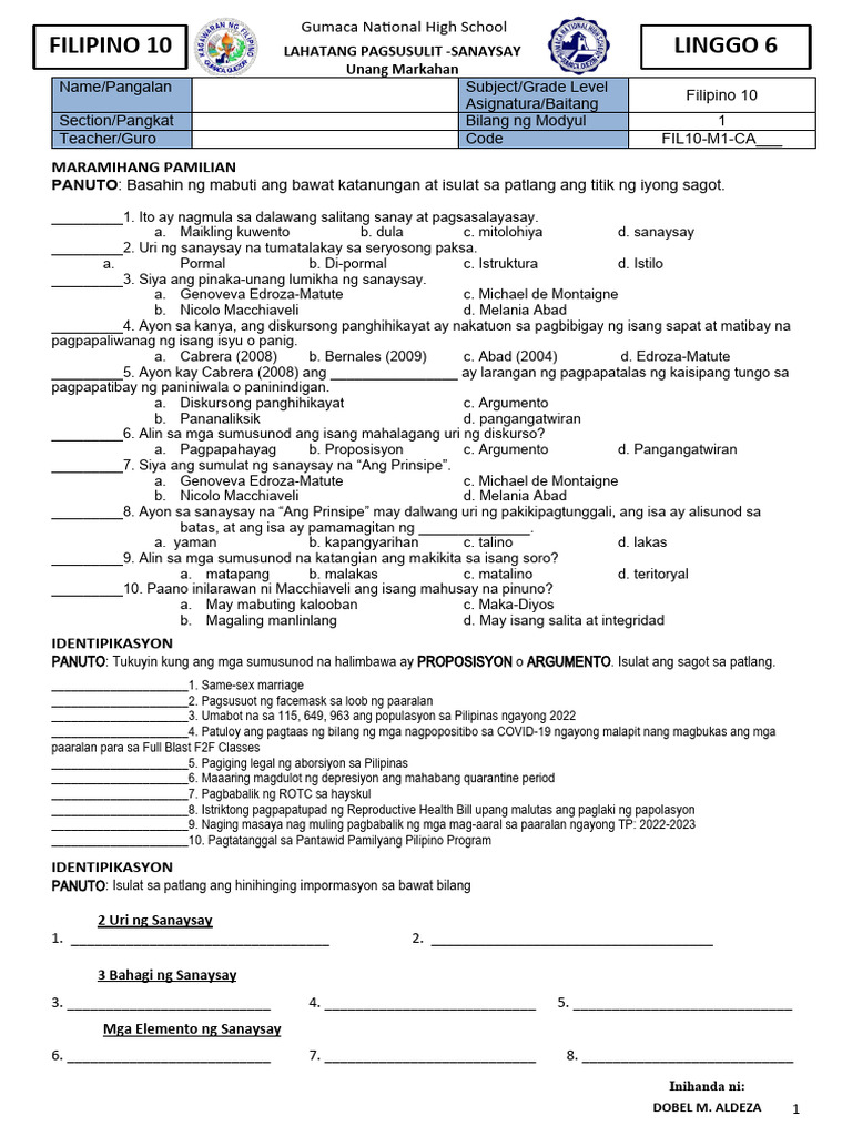 G10 - Lahatang Pagsusulit-Sanaysay | PDF