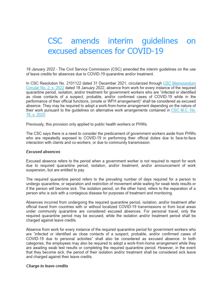 CSC Amends Interim Guidelines On Excused Absences For COVID | PDF ...