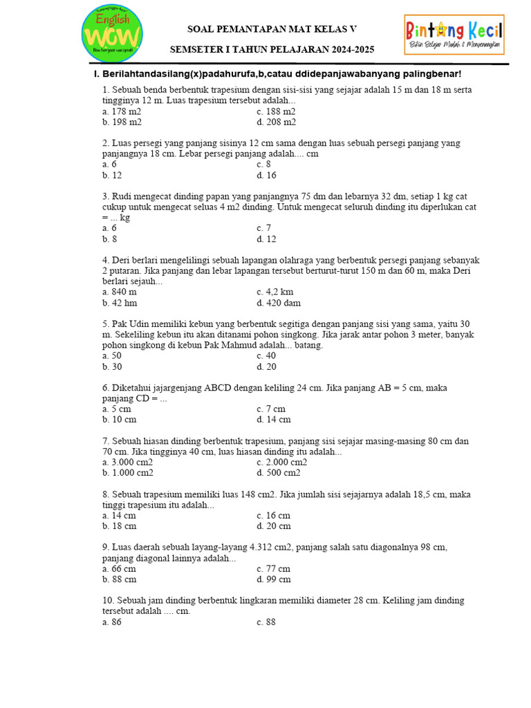 Soal Pemantapan MTK Kelas 5 | PDF