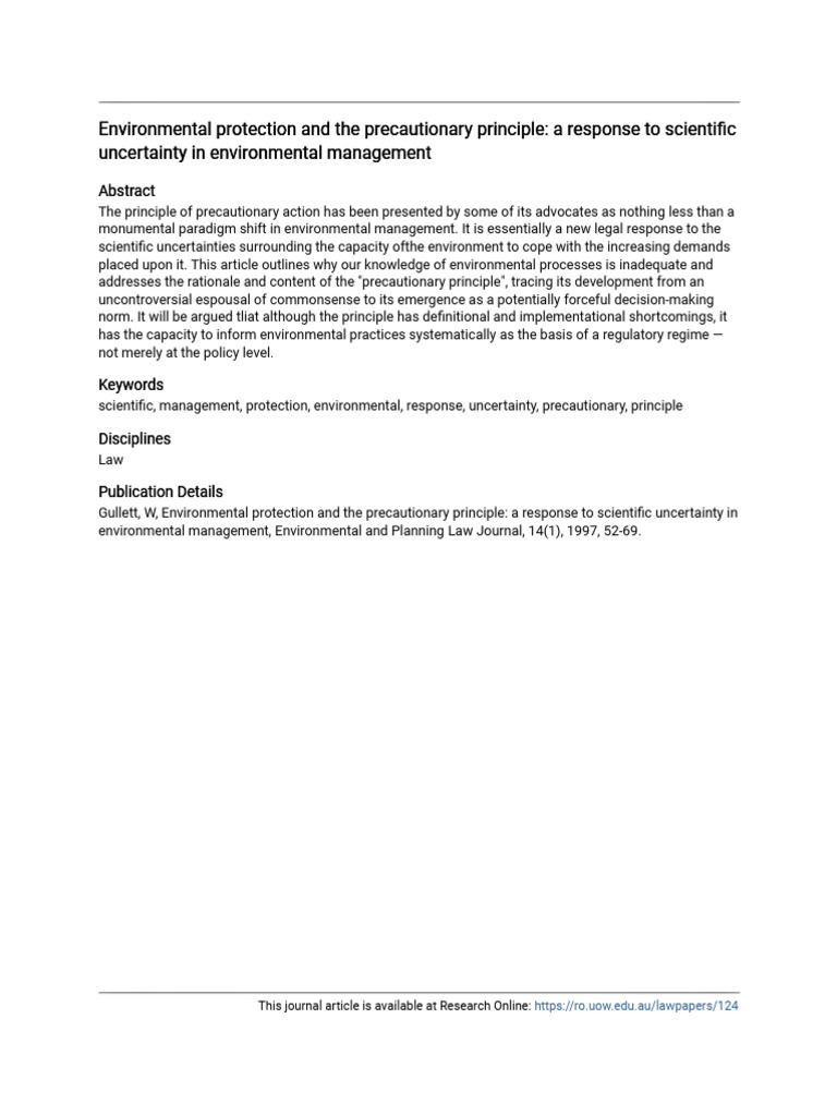 Environmental Protection and The Precautionary Principle - A Response To Scientific Uncertainty ...