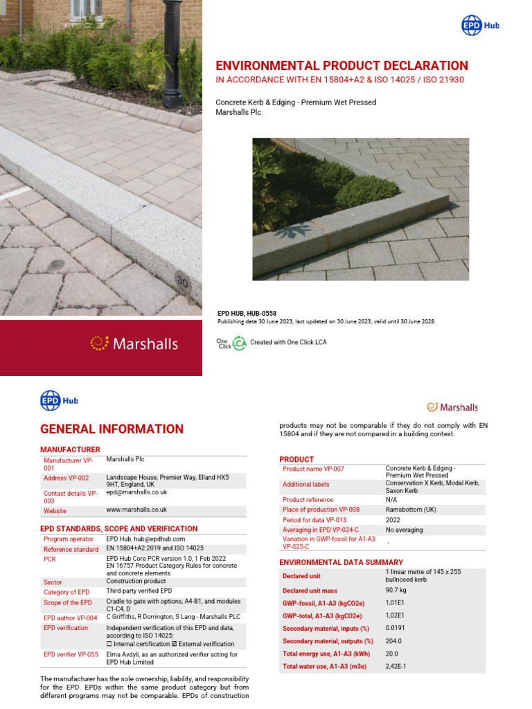 EPD Marshalls Concrete Kerb and Edging Premium Wet Pressed | PDF | Life Cycle Assessment | Concrete