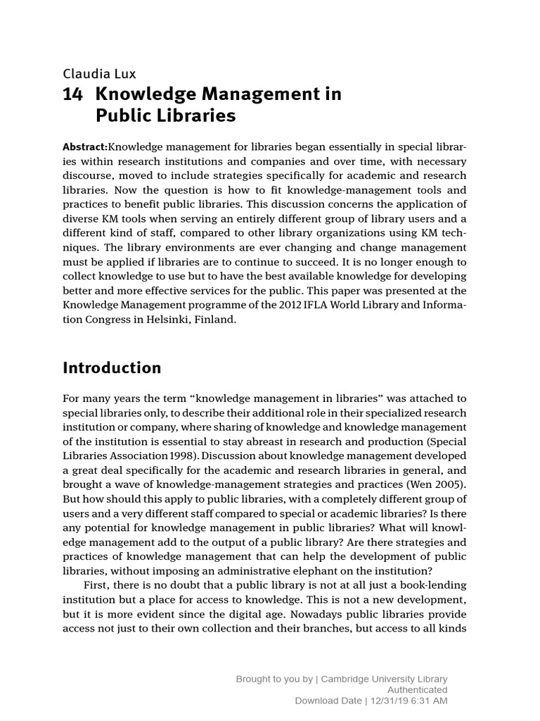 Knowledge Management in Public Libraries | PDF | Libraries | Knowledge ...