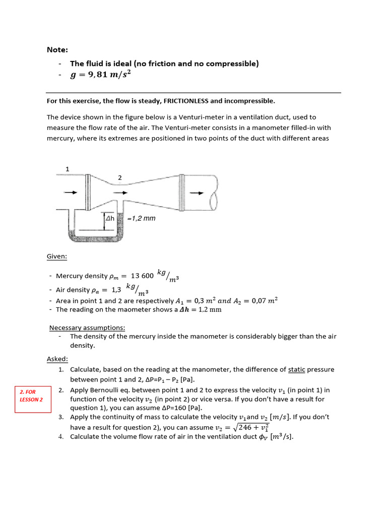 Exercise The - Manometer HydrostaticBernoulliMass Cons. | PDF