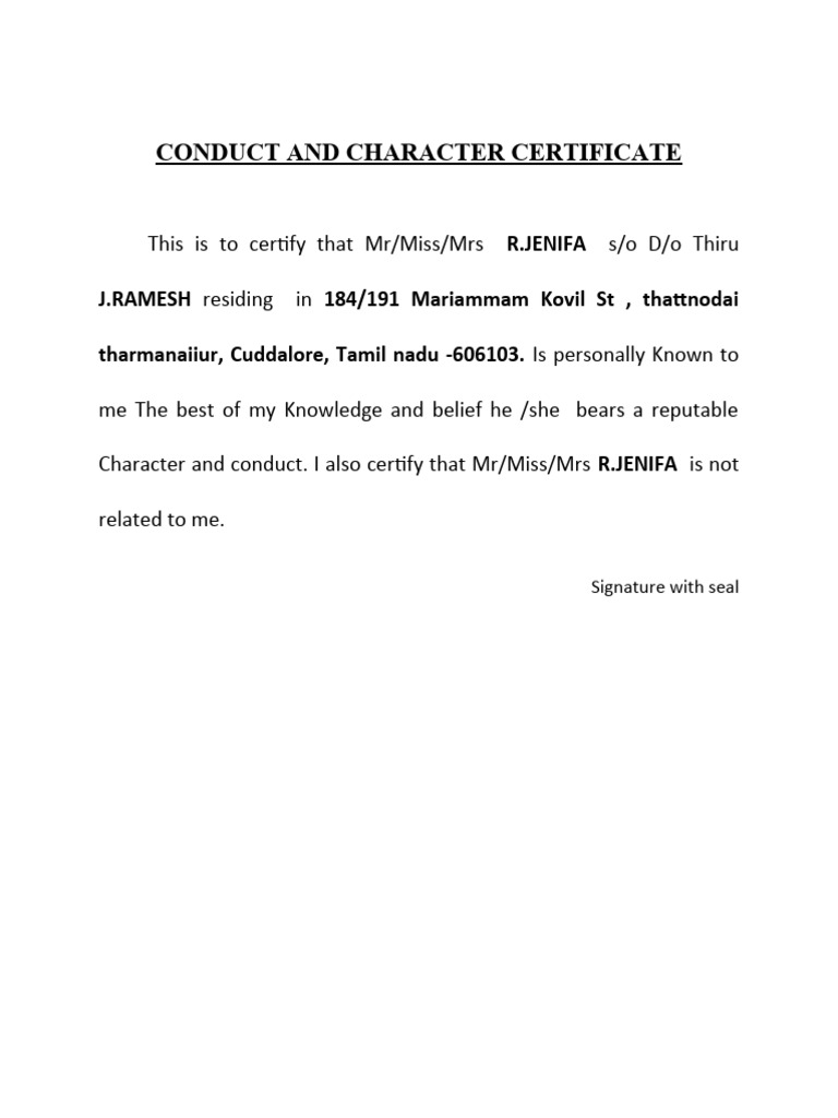 Conduct and Character Certificate | PDF