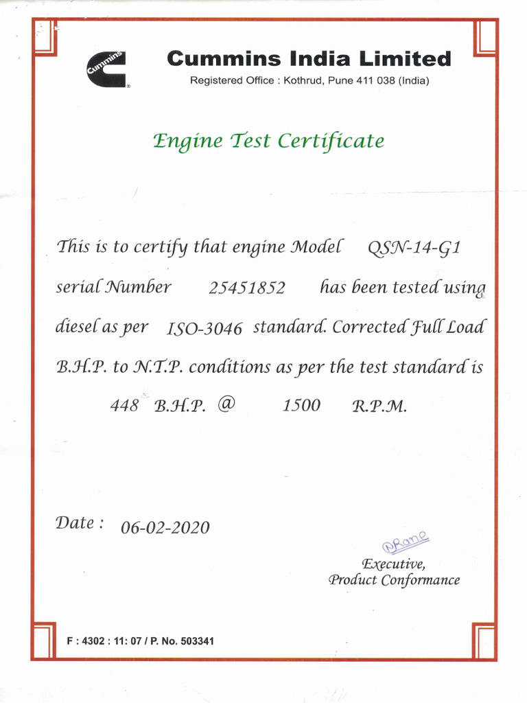 Cerrtificate of Engine Cummins | PDF