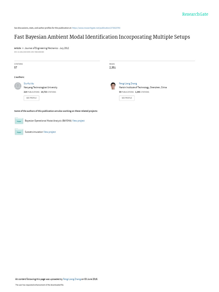 Fast Bayesian Ambient Modal Identification Multiple Setups | PDF | Bayesian Inference | Fast ...