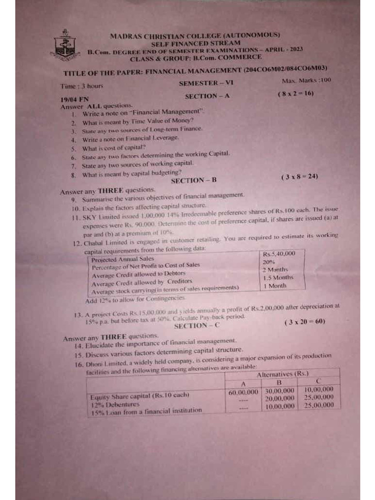 FM - ESE Question Paper | PDF