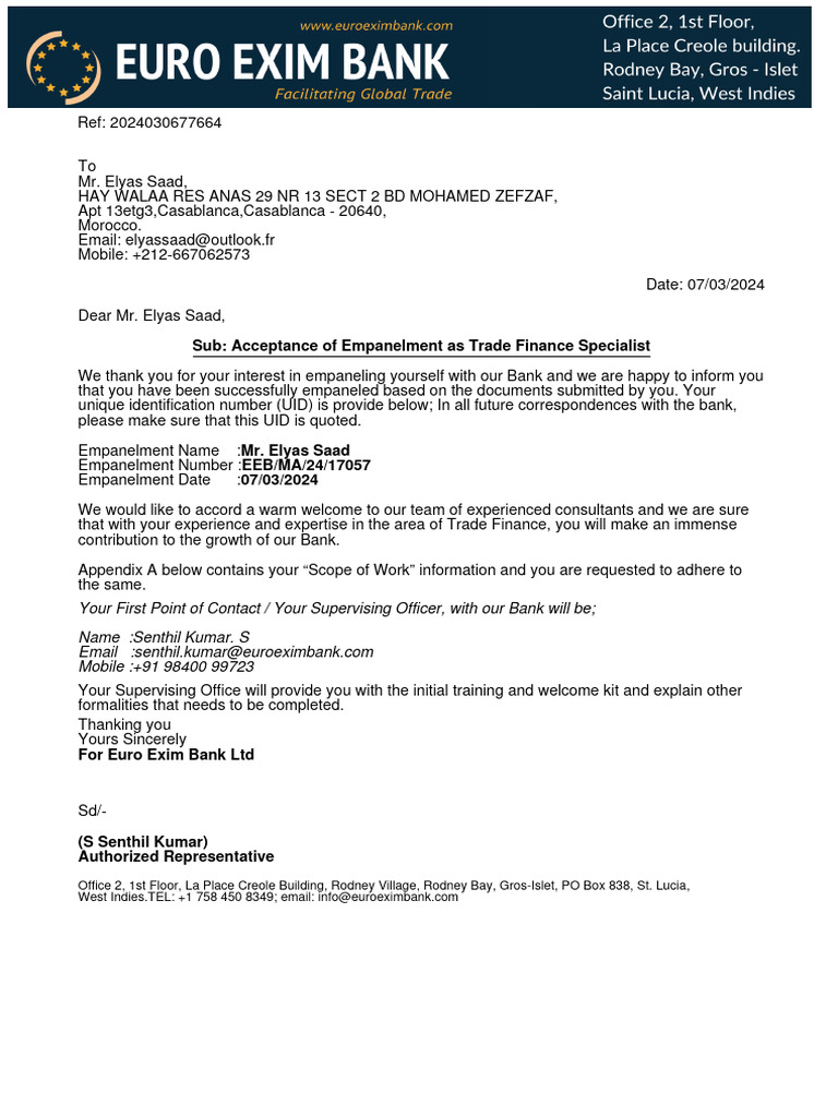 Welcome Letter | PDF | Banks | Letter Of Credit