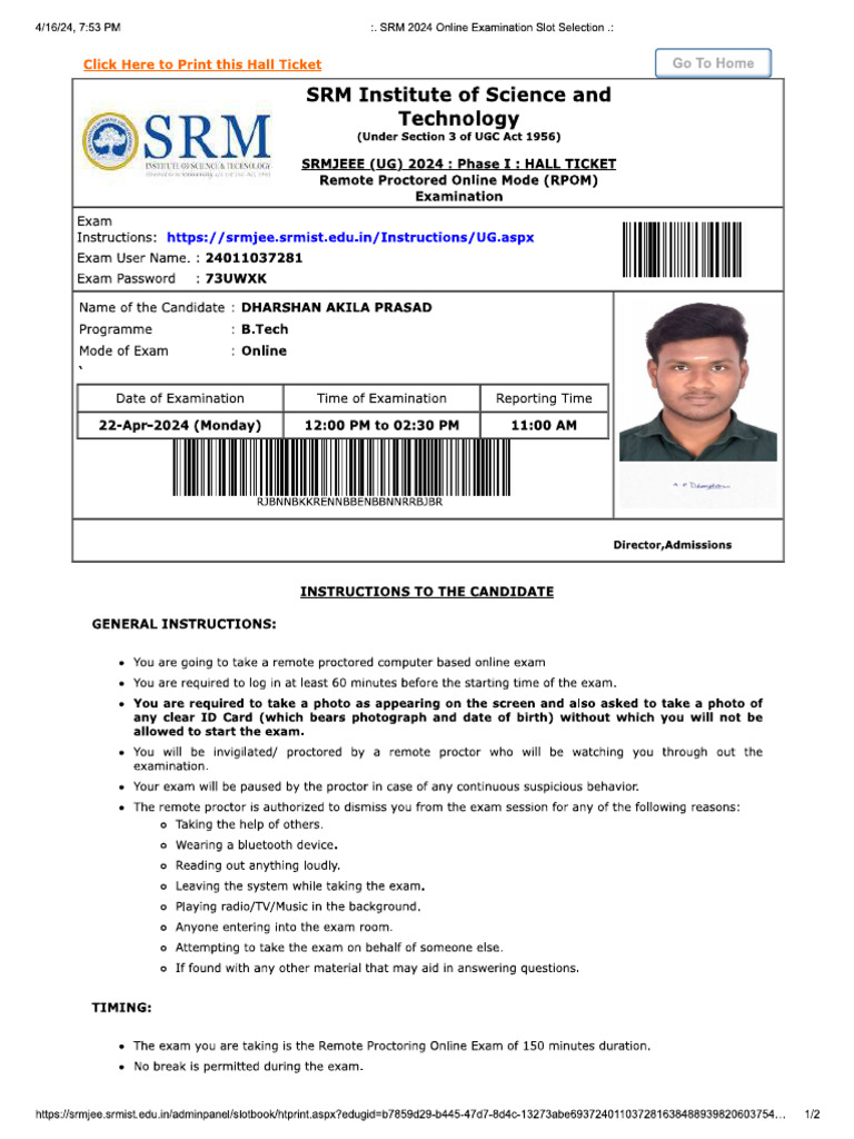 SRM Hall Ticket | PDF