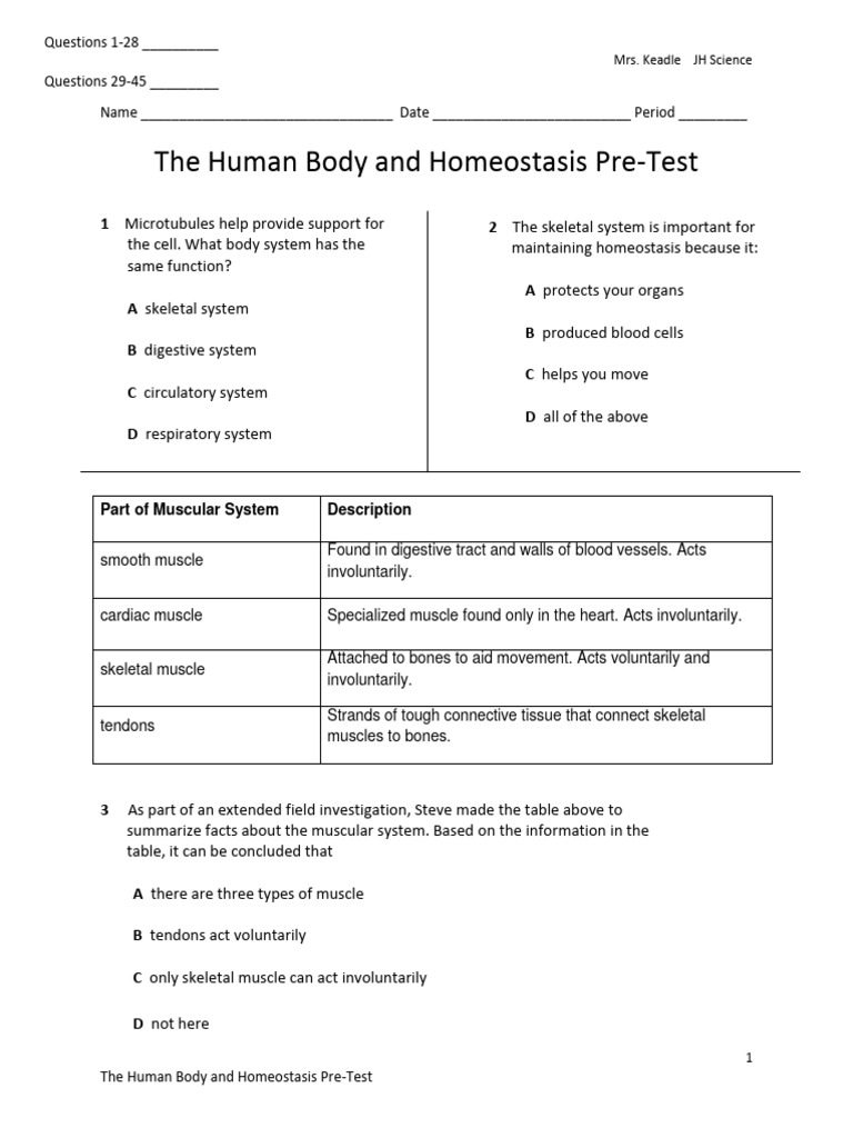 The Human Body and Homeostasis Pre-Test | PDF | Human Body | Muscle