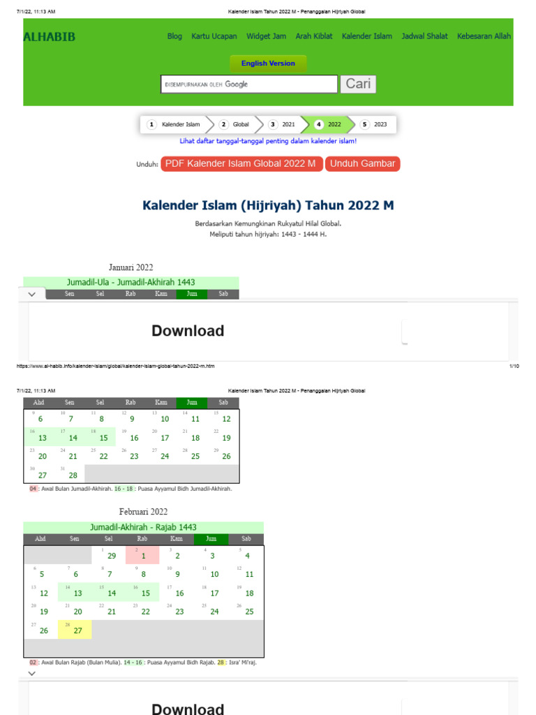 Kalender Islam Tahun 2022 M - Penanggalan Hijriyah Global | PDF