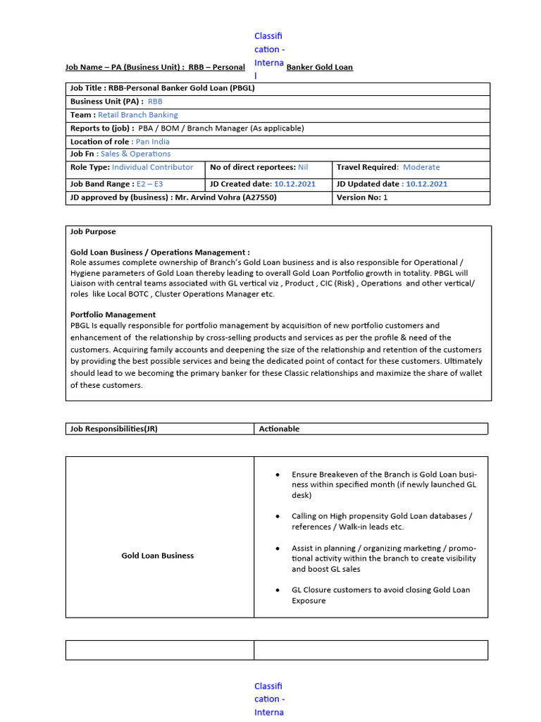 60002491-RBB-Personal Banker Gold Loan | PDF | Banks | Customer ...