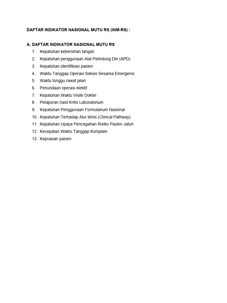 Indikator Nasional Mutu Rs (Inm-Rs) | PDF Indikator Nasional Mutu Rs (Inm-Rs) | PDF