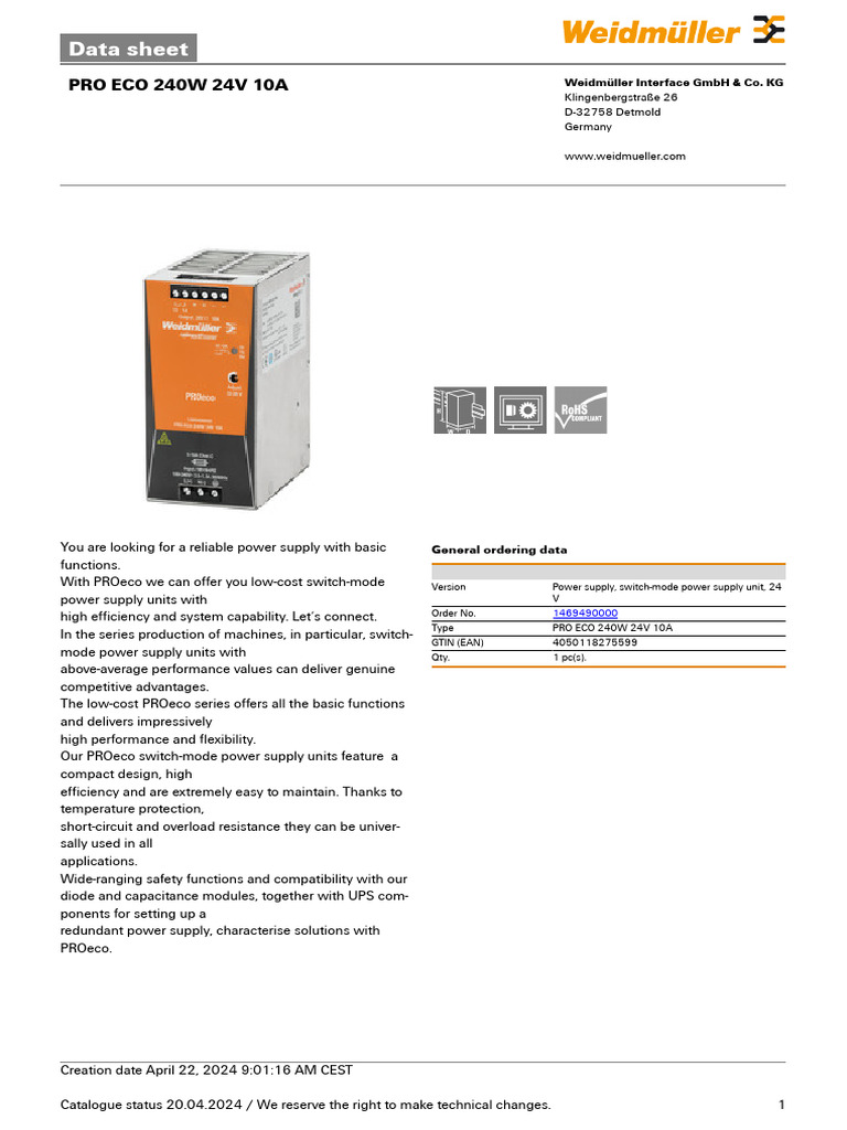 Data Sheet: PRO ECO 240W 24V 10A | PDF | Electrical Engineering ...